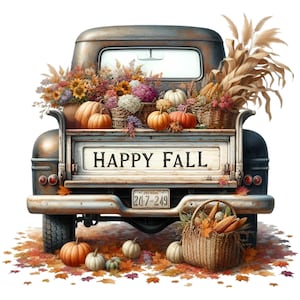 Vintage Green Truck Fall Harvest Clipart 15 Pumpkin and Sunflower Fall ...