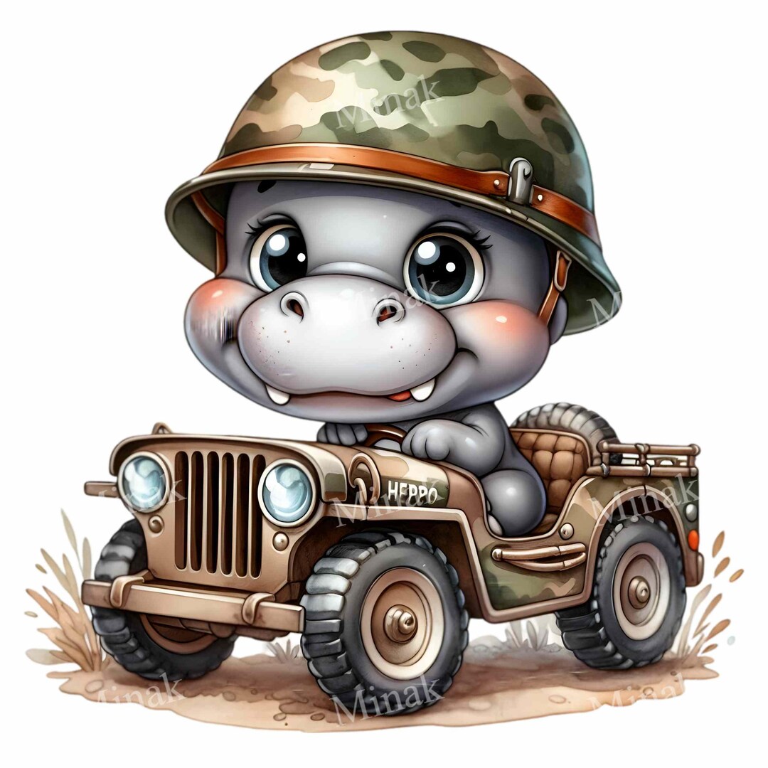 Cute Hippo in Military Helmet Clipart, 12 Adorable Cartoon Animal ...