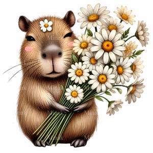 12 PNG Capybara Daisy Bouquet, Whimsical Animal Clipart, Floral Rodent ...