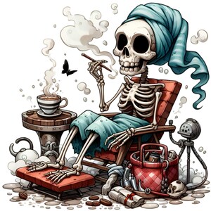 Relaxing Skeleton at Spa Clipart Quirky Skeleton in Towel With Coffee ...