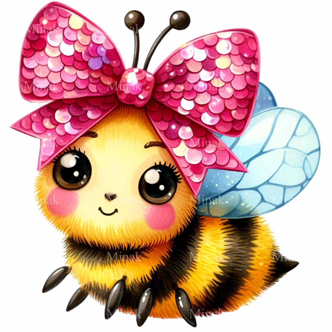 14 Cute Bee With Pink Bow PNG Clipart. Adorable Bumblebee With Big Eyes and Glittery Wings ...