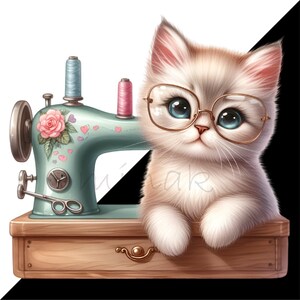 Kitten Clip Art, 12 PNG Cat Sewing Craft, Seamstress Sewing Machine ...