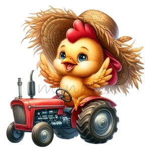 12 Farm Chicken Clipart PNG, Cute Chick With Straw Hat on Red Tractor ...