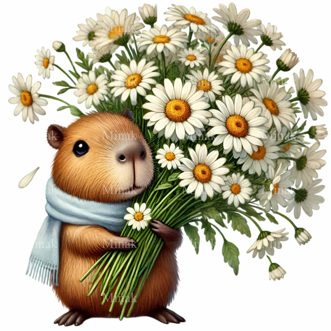 12 PNG Capybara Daisy Bouquet, Whimsical Animal Clipart, Floral Rodent ...