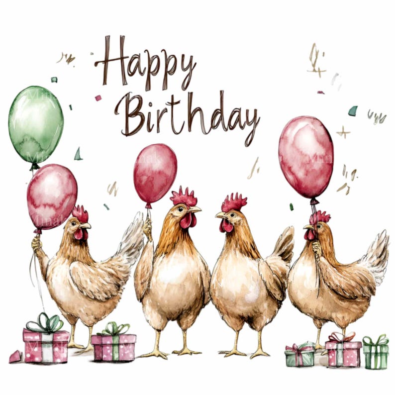 14 Funny Chicken Birthday PNG Clipart With Balloons and Gifts – Farm ...
