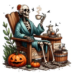 Relaxing Skeleton at Spa Clipart Quirky Skeleton in Towel With Coffee ...