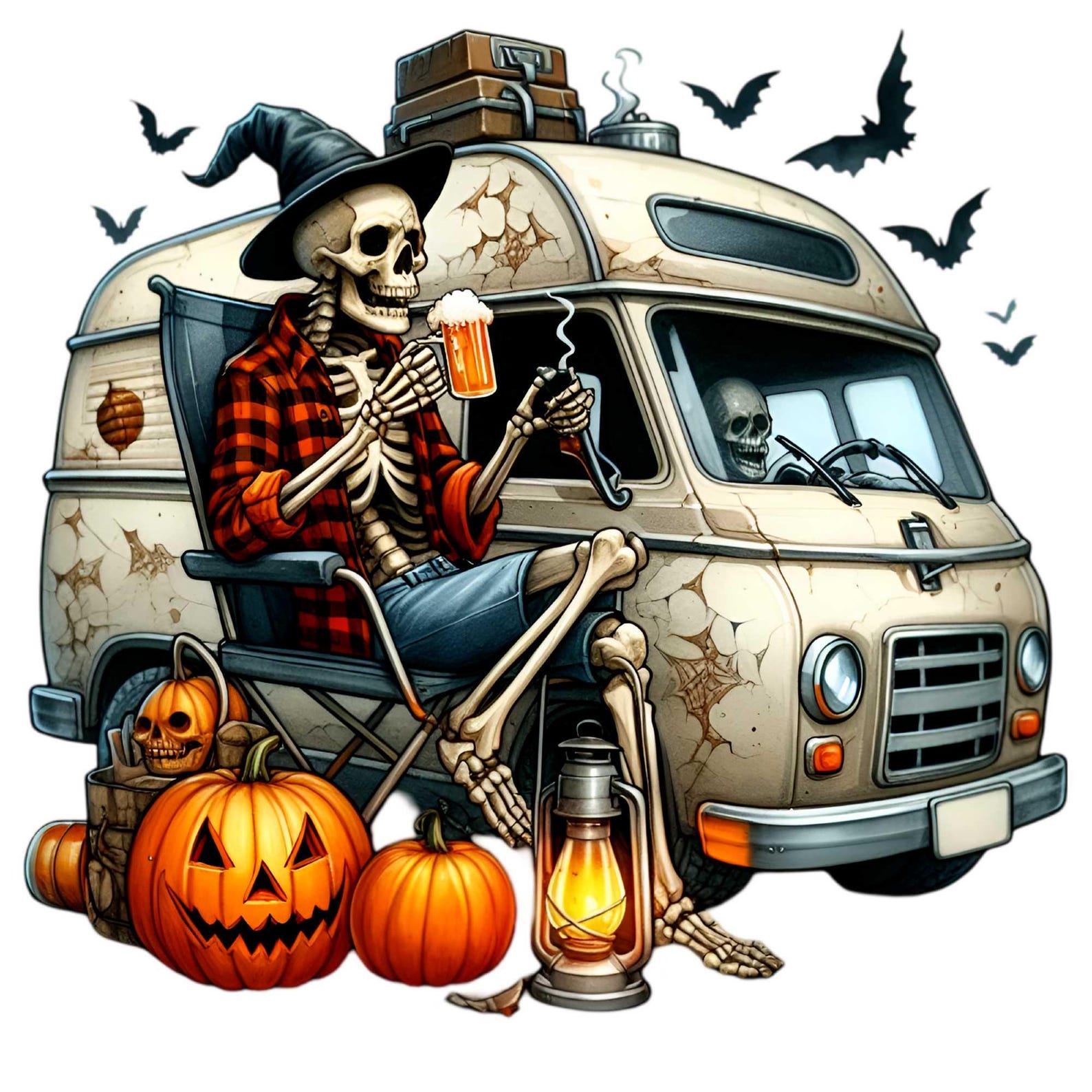 Spooky Skeleton Camper Clipart PNG 12 Halloween Road Trip With Pumpkin ...