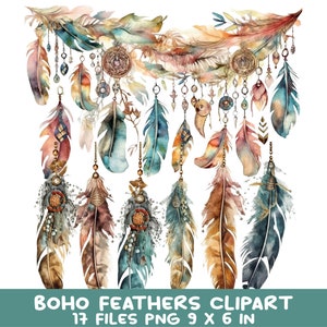 Boho Feathers Clipart Bundles, 17 PNG Watercolor Beaded Plumes Garland ...