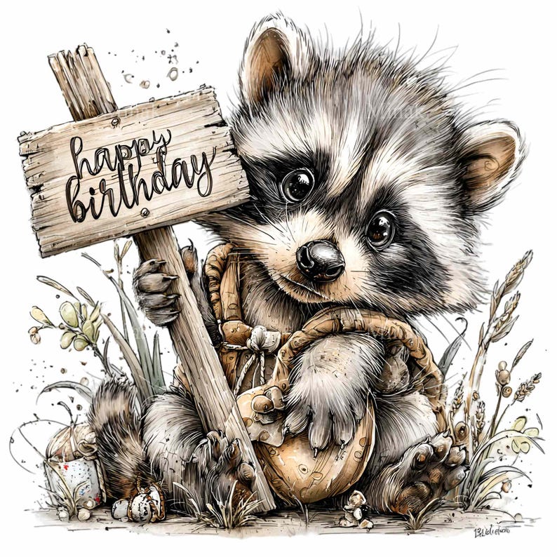 10 PNG Raccoon Happy Birthday Woodland Animal Overalls Clipart, Trash ...