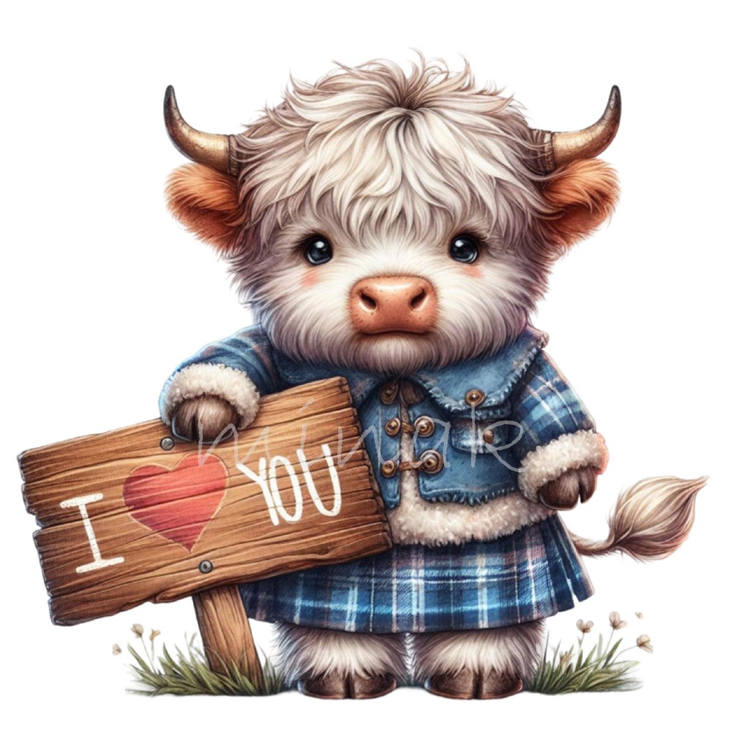 15 Highland Cow Clipart PNG, Cute Baby Cow With Sign, Transparent ...