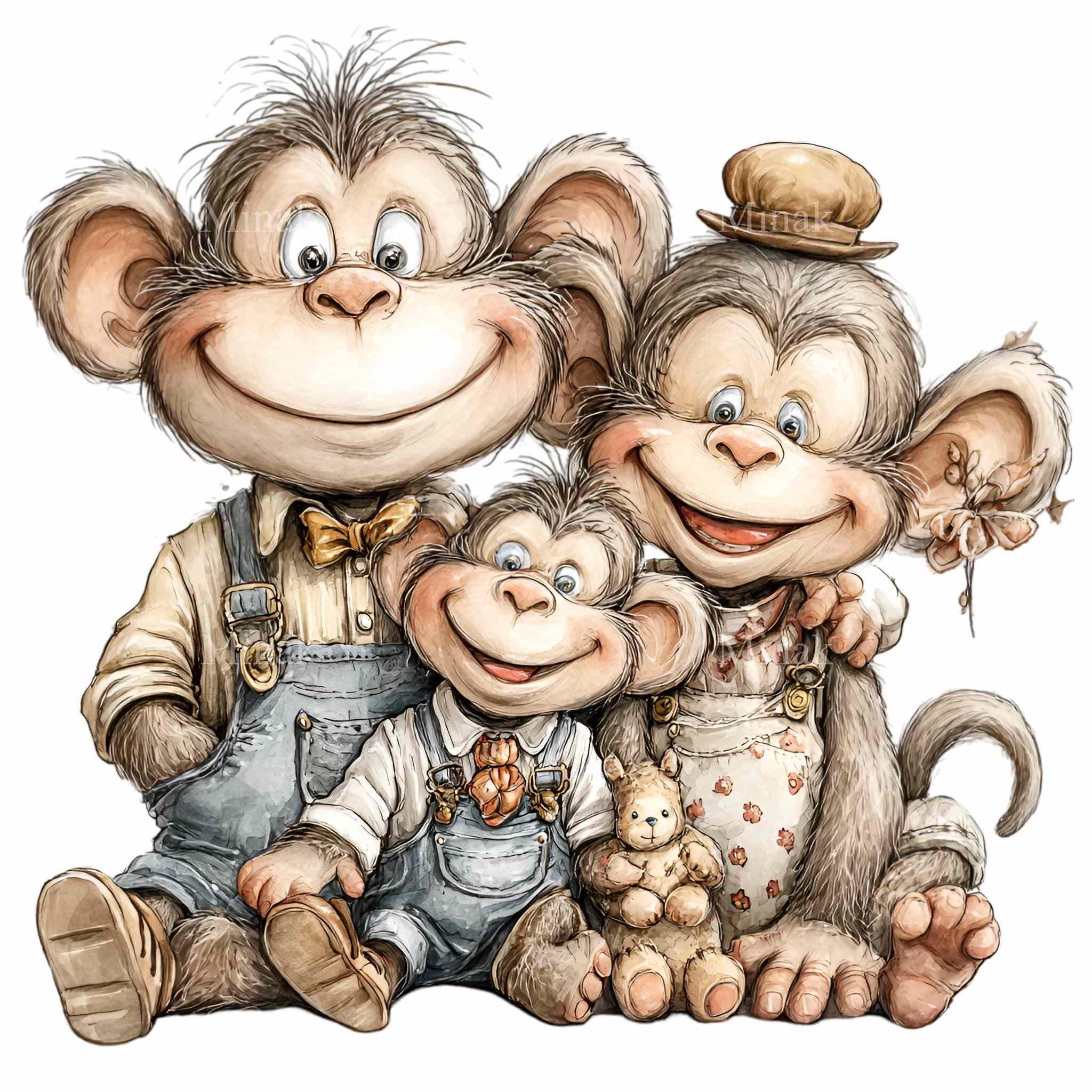 15 PNG Monkey Family Clipart – Cartoon Animal Parents Baby Illustration ...