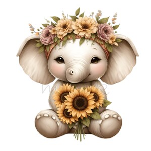 Elephant Girl Clipart, 12 Sunflower Watercolor Elephant Clipart ...