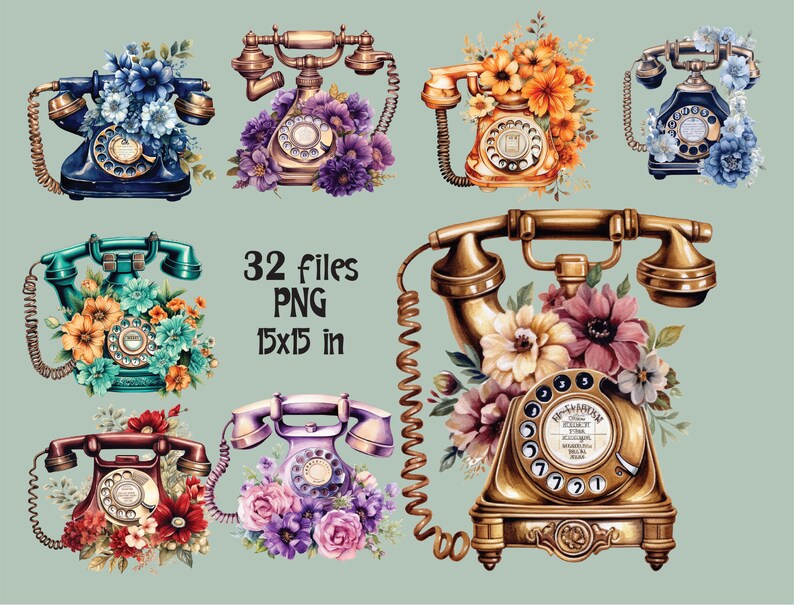 Watercolor Telephone Clipart PNG Antique Floral Retro Phone - Etsy