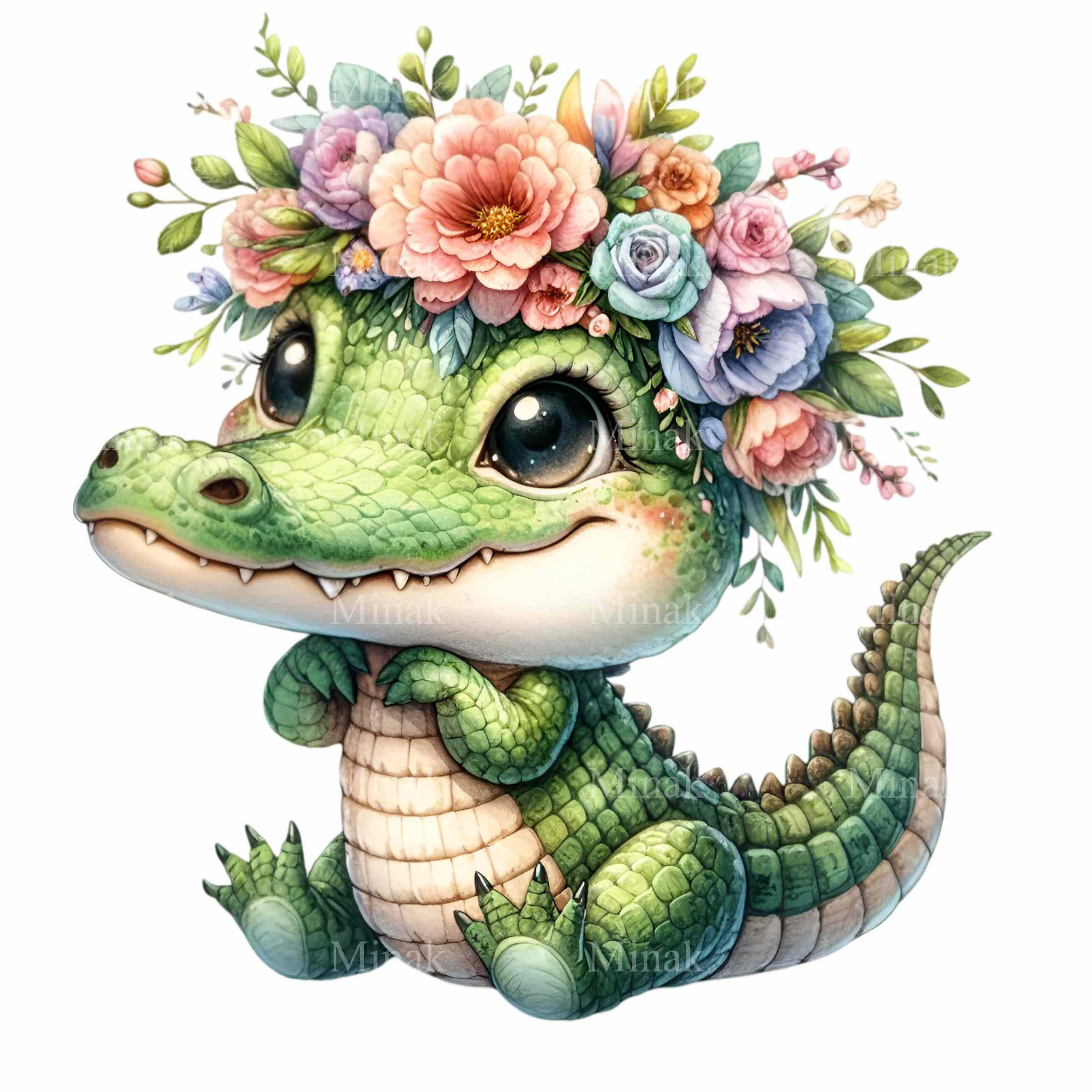 12 Cute Alligator PNG Clipart With Floral Crown and Butterflies | Baby ...