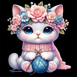 Knitting Kitten Clipart, 10 Cute Cat With Flowers and Yarn, Digital Art ...