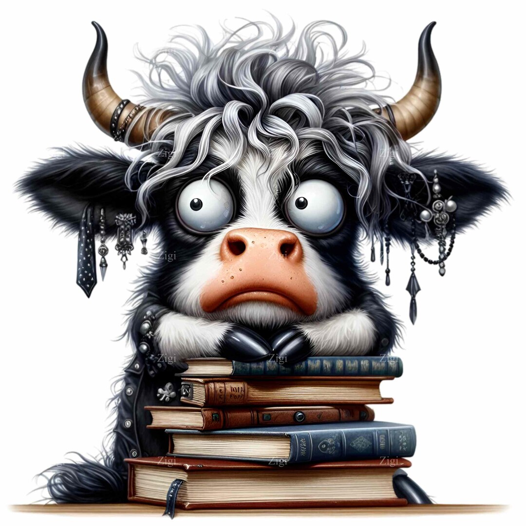 Gothic Cow Reading PNG Clipart With Curly Gray Hair and Vintage Books ...