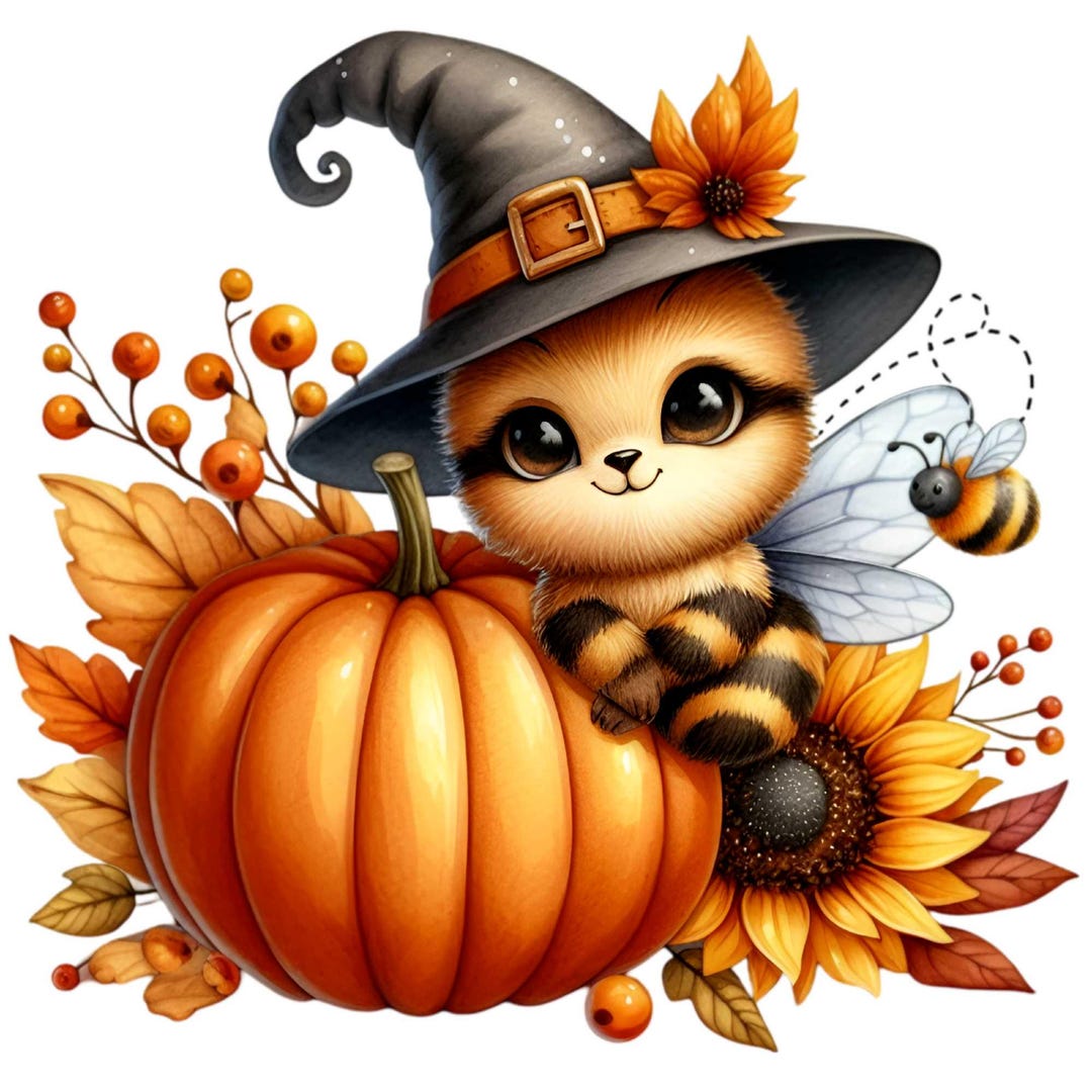 Bee Witch Clipart With Pumpkin and Sunflowers, Whimsical Fall Decor for ...