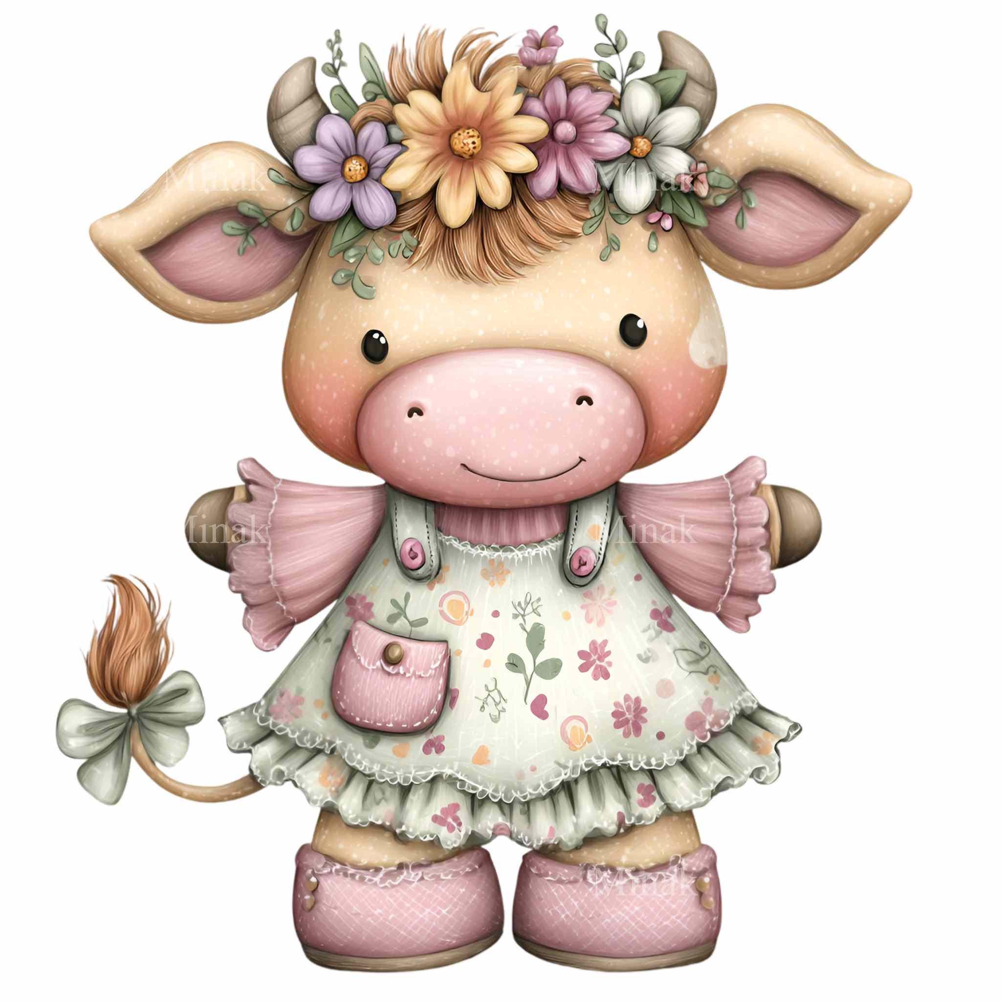 18 PNG Floral Baby Cow Clipart – Cute Spring Cow With Flower Crown and ...