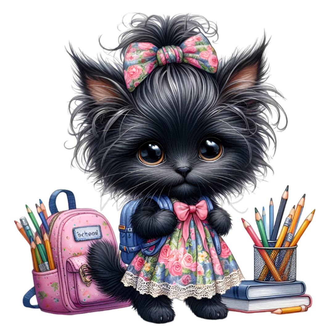 Cute Kitten School Clip Art, 10 PNG Funny Girl Cat Clipart, Teacher ...