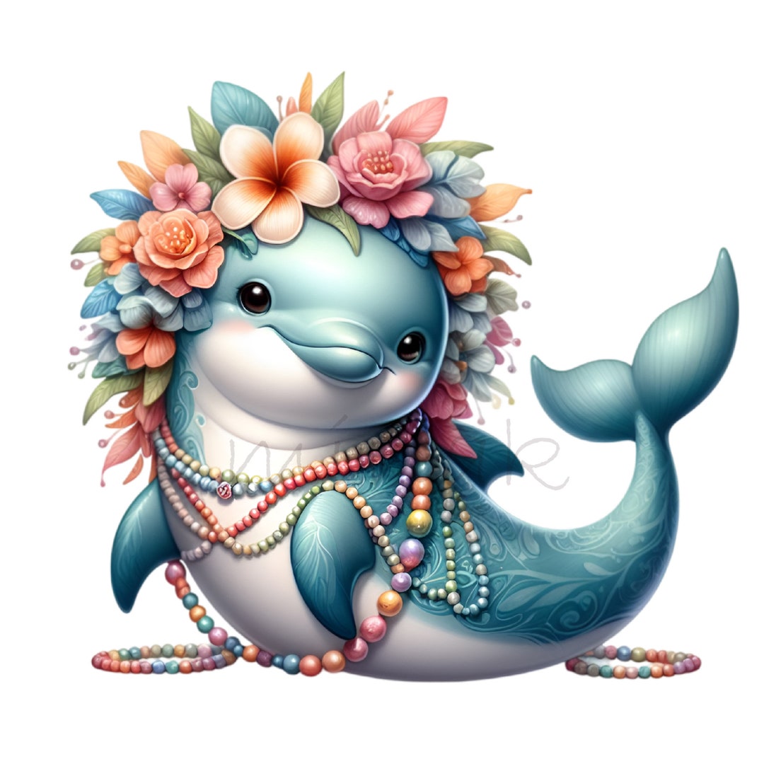 Dolphin Clip Art, 10 PNG Floral Summer Ocean Animal, Kids Graphics ...