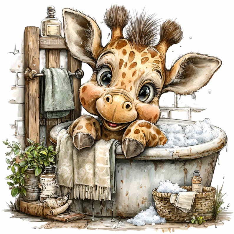 12 PNG Giraffe Bath Clipart – Bath Animal Art for Nursery Decor, Crafts ...