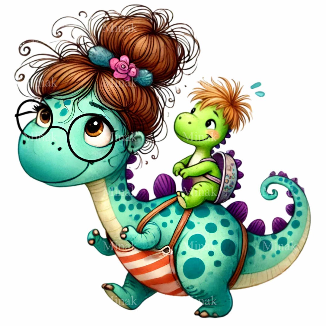 10 Dino Mom and Baby PNG Clipart - Cute Dinosaur With Glasses and Curly ...