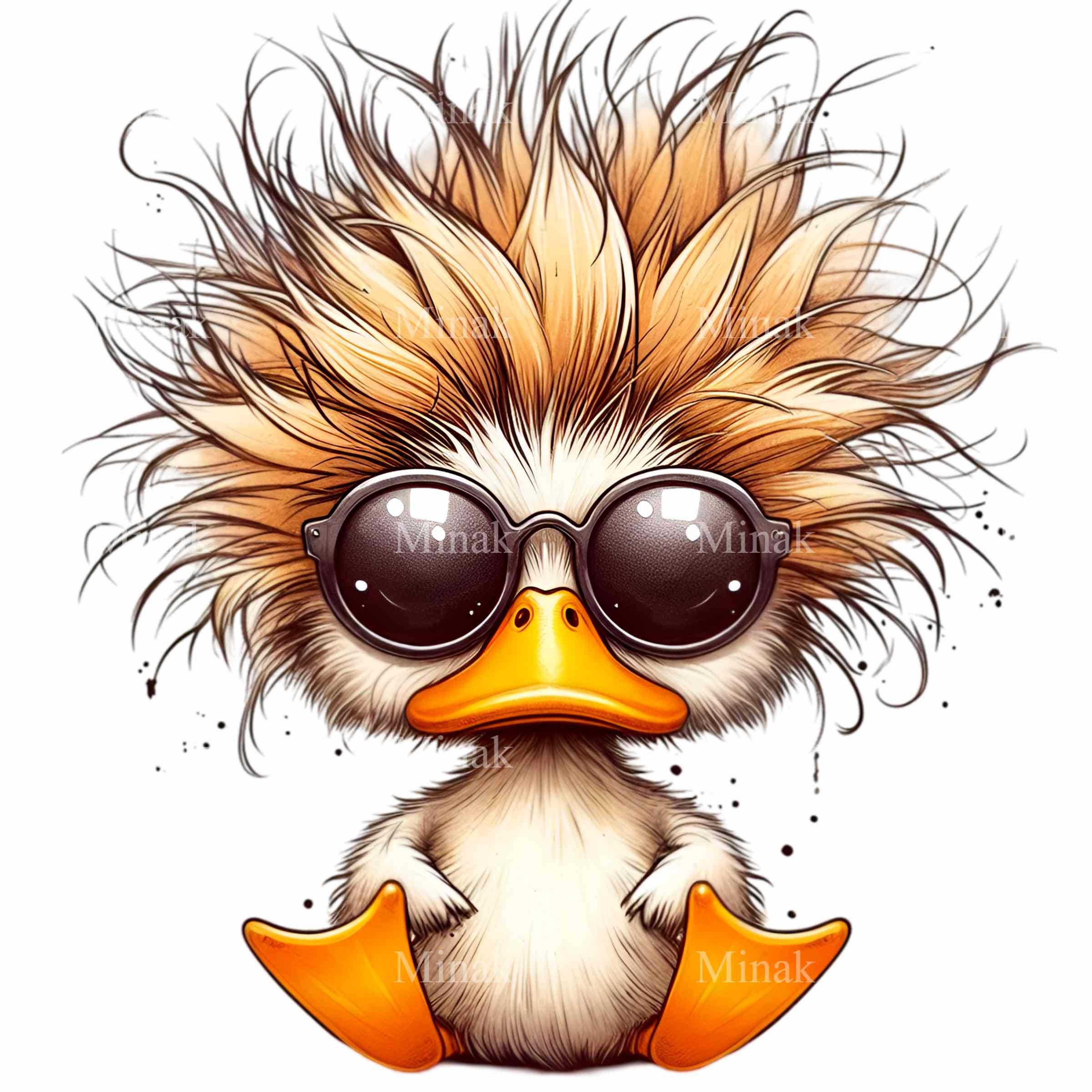 Cute Curly-haired Duck Clipart With Sunglasses, 12 Funny Cartoon Animal ...