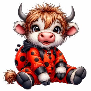 Cow PNG Clipart in Ladybug Outfit With Fluffy Hair and Ladybugs, 12 PNG ...