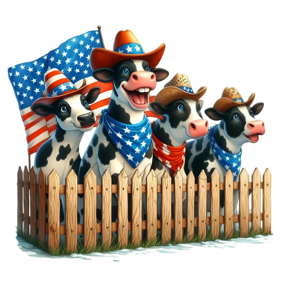 Patriotic Cow on Farm Fence, 10 PNG Funny Cartoon Kids Illustration ...