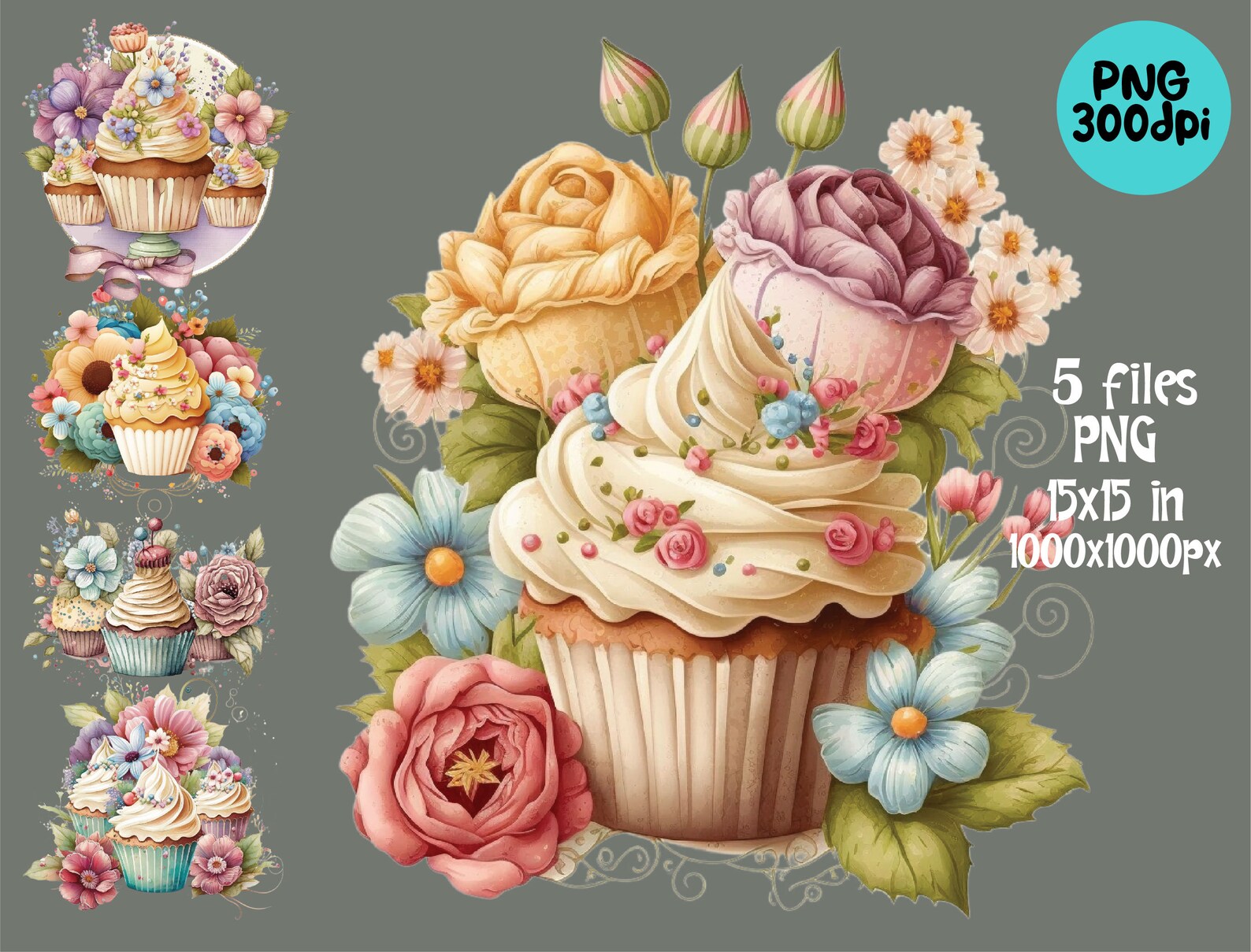 Watercolor Cupcake Clipart PNG Floral Bakery Dessert - Etsy