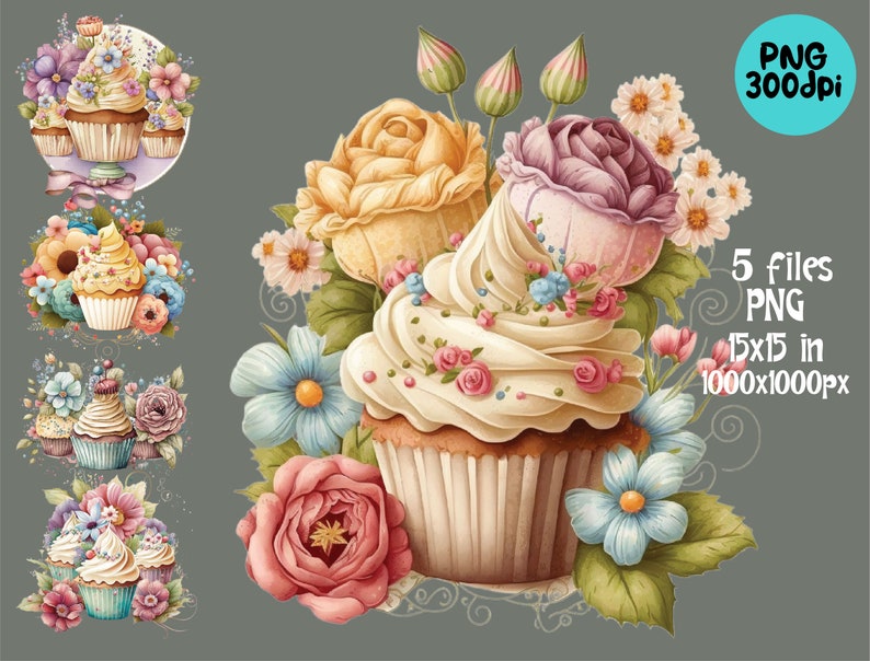 Watercolor Cupcake Clipart PNG Floral Bakery Dessert - Etsy