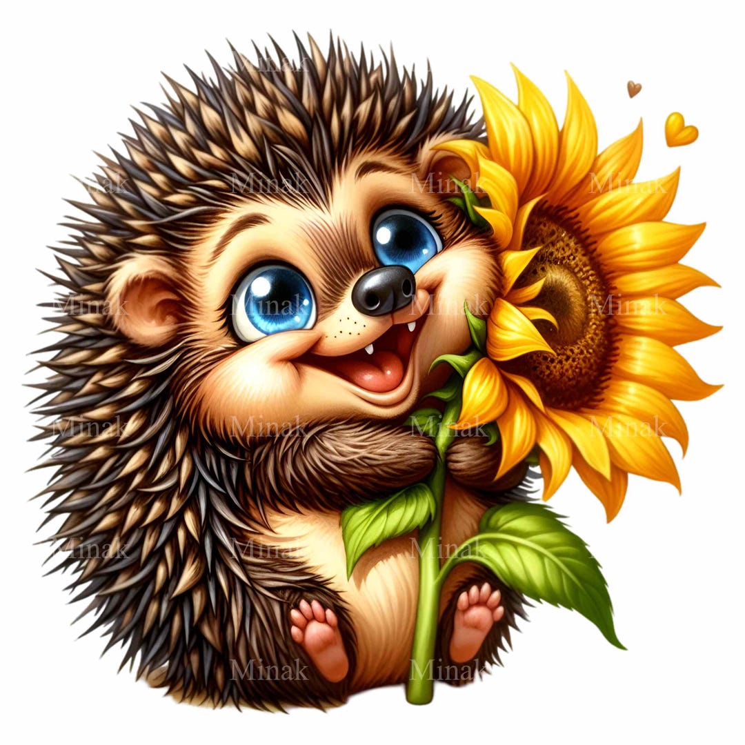 12 Cute Hedgehog With Sunflower PNG Clipart, Smiling Animal Holding ...
