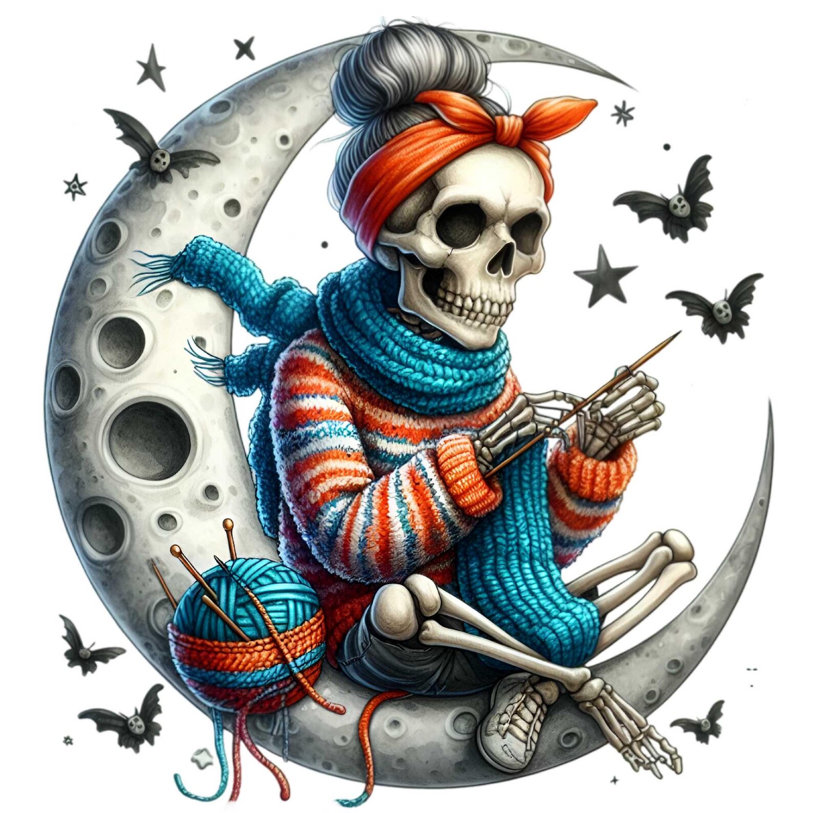 Knitting Skeleton on Crescent Moon Clipart PNG 14 Spooky Crafting in ...