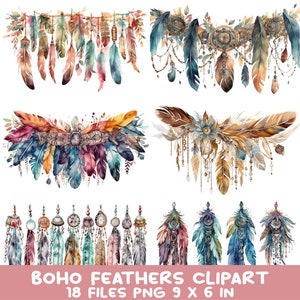 Boho Feathers Clipart Bundles, 18 PNG Watercolor Beaded Plumes Garland ...