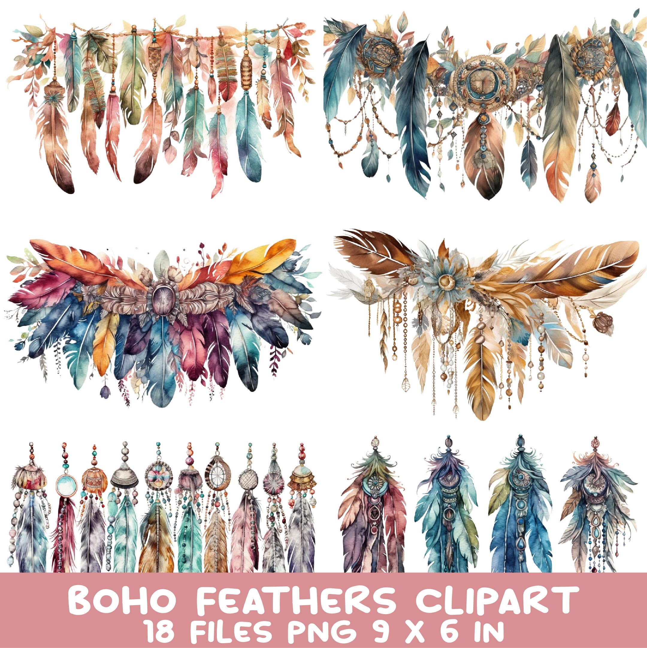 Boho Feathers Clipart Bundles, 18 PNG Watercolor Beaded Plumes Garland ...
