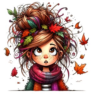 Funny Girl Fall Leaves Autumn 14 PNG Graphics Cartoon Illustration ...