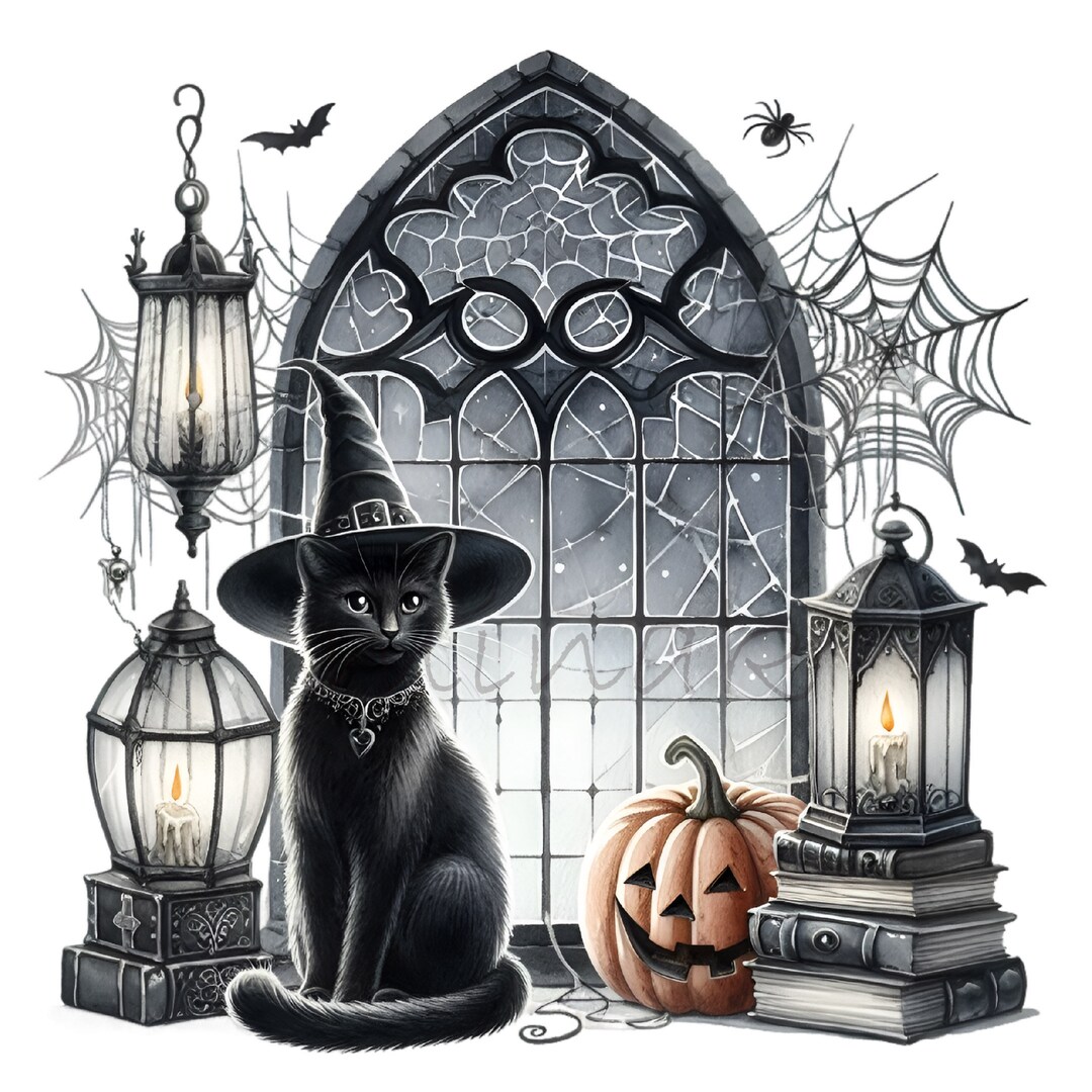 Spooky Halloween Cat Clipart PNG - 12 Gothic Black Kitten Illustration ...
