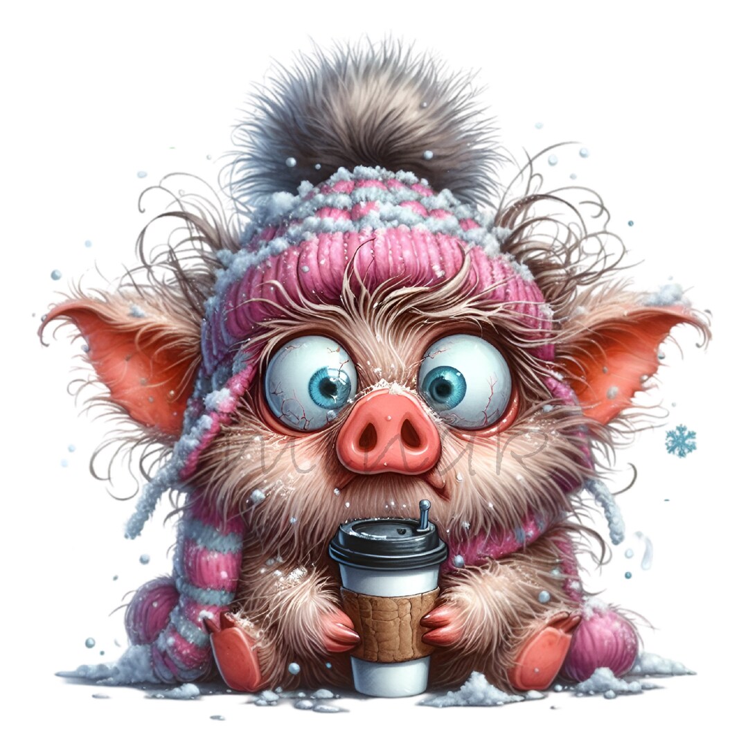 Quirky Pig Drinking Coffee 12 PNG Funny Winter Snowy Animal Cartoon ...