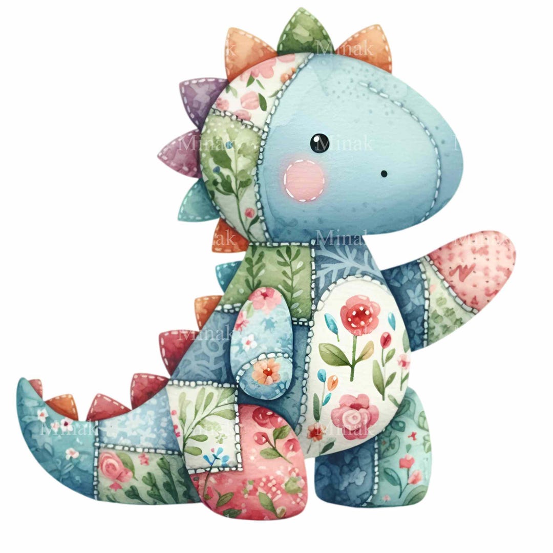 Patchwork Dinosaur PNG Clipart | 12 Cute Quilted Dino Illustration | Floral Stuffed Animal Art ...