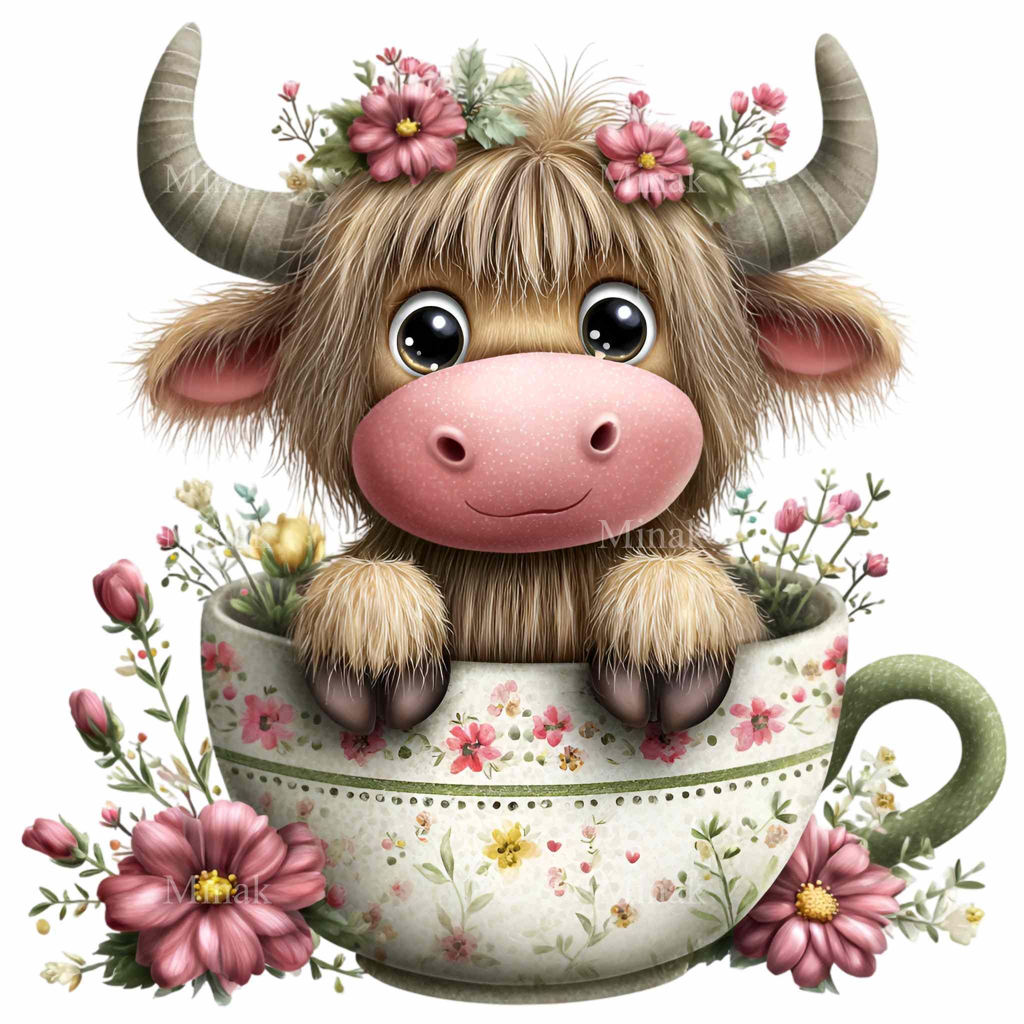 15 PNG Highland Cow Teacup Clipart – Floral Baby Cow Illustration ...