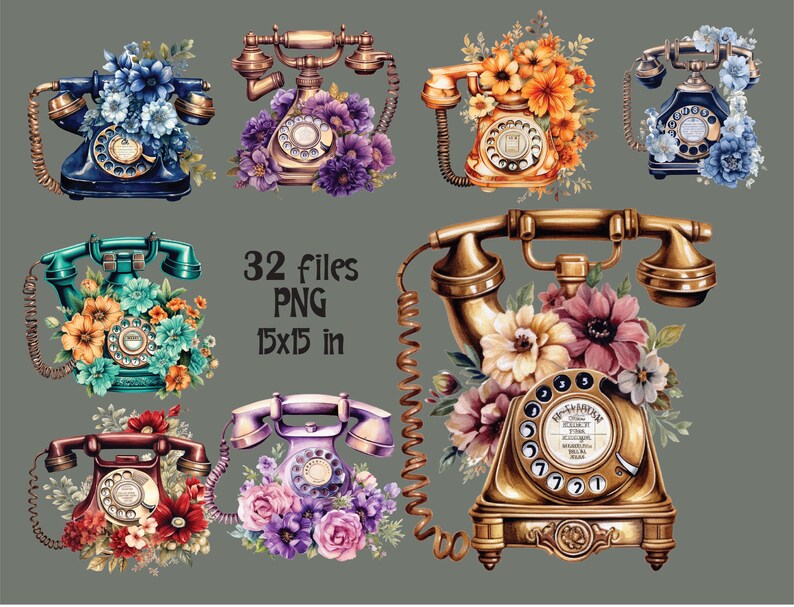 Watercolor Telephone Clipart PNG Antique Floral Retro Phone - Etsy