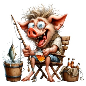 Funny Fishing Pig Clipart 15 Whimsical Pig With Fishing Rod and Beer ...