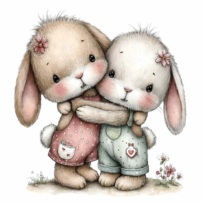 16 PNG Bunny Couple Clipart – Baby Rabbits Hug Illustration, Pastel ...