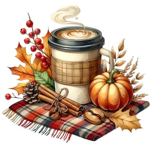 Plaid Fall Coffee Cup Clipart PNG - 15 Autumn Latte With Cinnamon ...