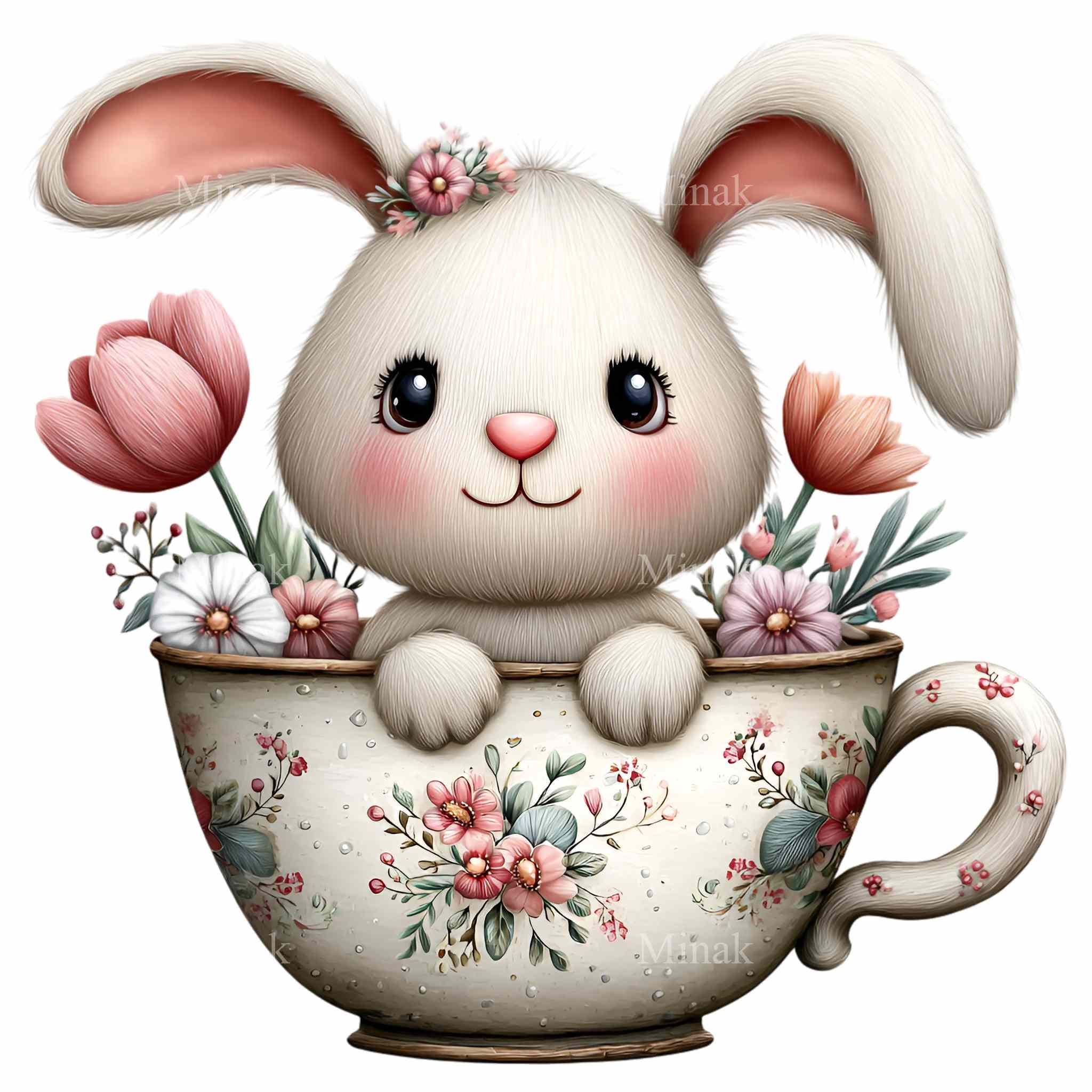 16 PNG Bunny Teacup Clipart, Floral Watercolor Rabbit Illustration ...