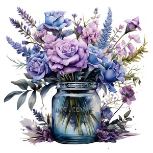 10 Blue Floral Jar PNG Clipart - Mason Jar With Elegant Blue Flowers ...