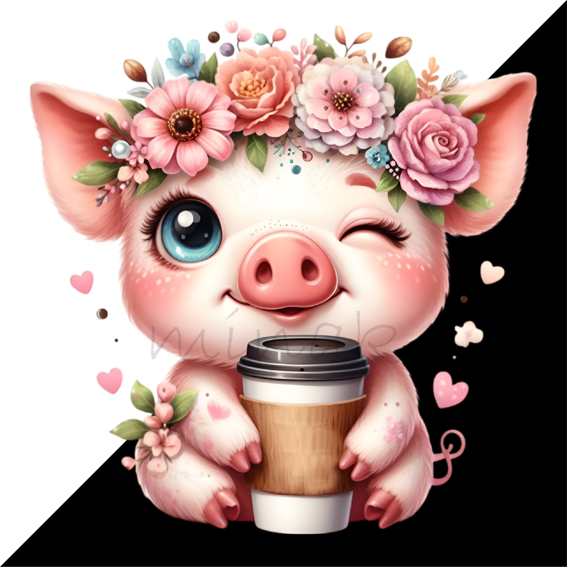 14 PNG Coffee Pig Clipart – Winking Pig With Floral Latte, Funny Farm ...