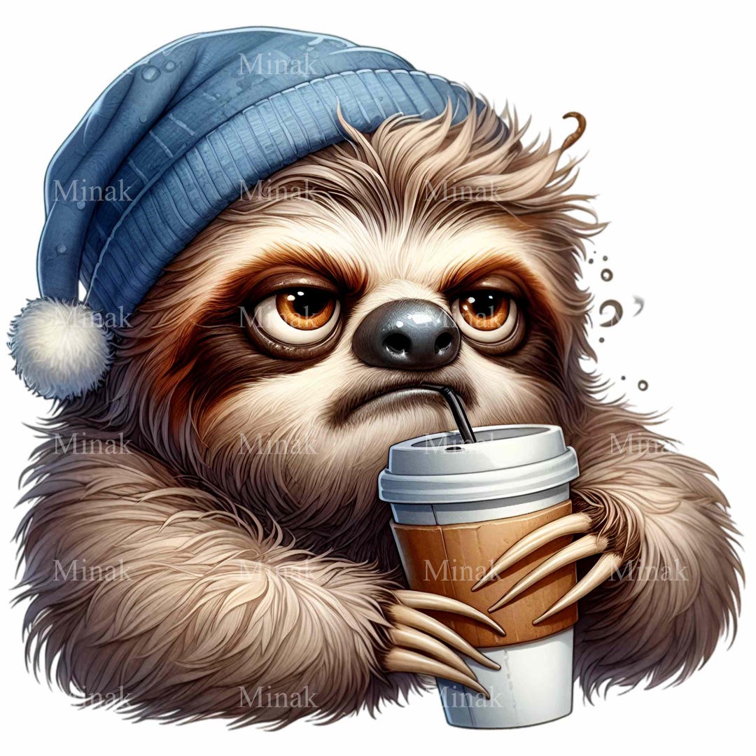 Sloth PNG Clipart - 15 Cute Sloth With Coffee Cup and Beanie - Perfect ...
