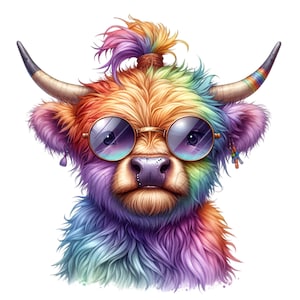 10 PNG Rainbow Cow Clipart – Highland Cow Art With Pride Colors for ...