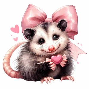10 Cute Opossum PNG Clipart, Adorable Opossum With Pink Bow Holding ...